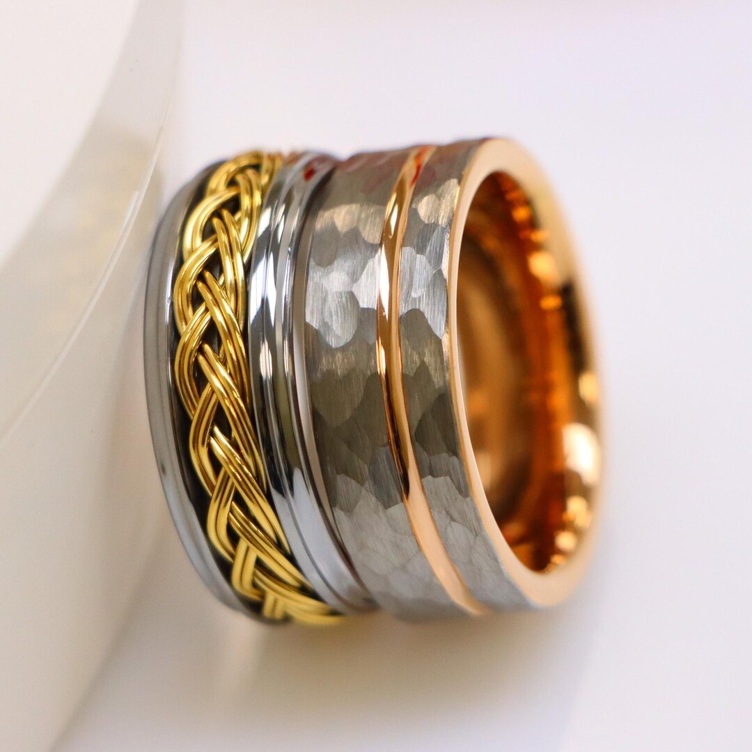Rose Gold Strip Tungsten Ring, Hammered Brushed Ring, Silver Tungsten ...