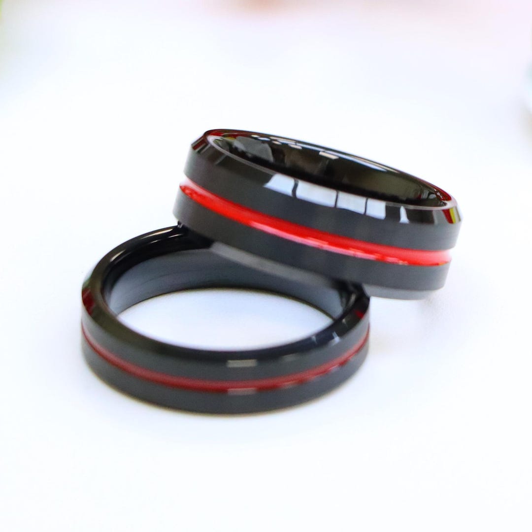 Firefighter Thin Red Line Rings, Black Tungsten Anniversary Bands ...