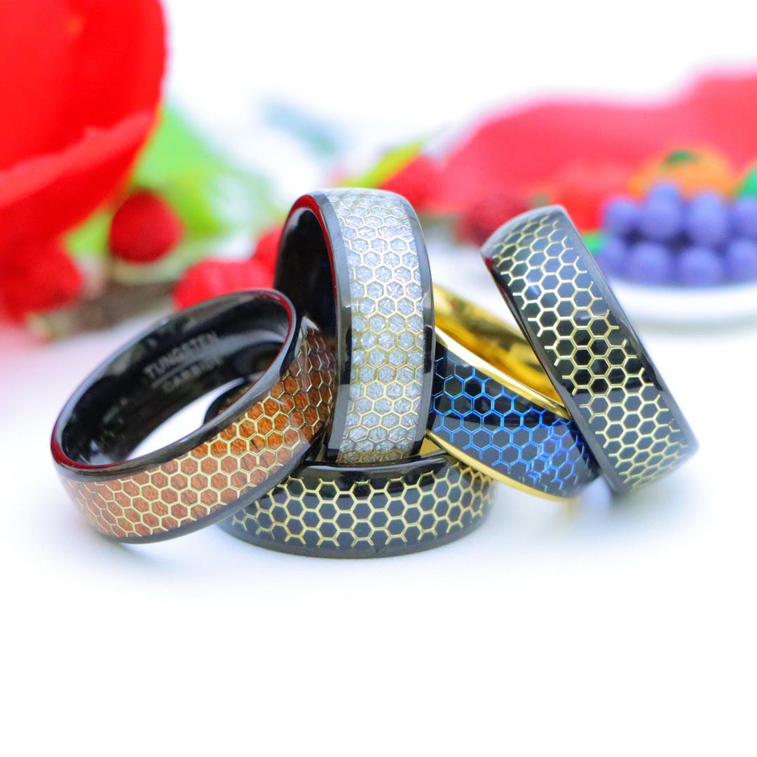 Honeycomb Patten Inlay Ring, Bee Hive Pattern Wood Wedding Band ...