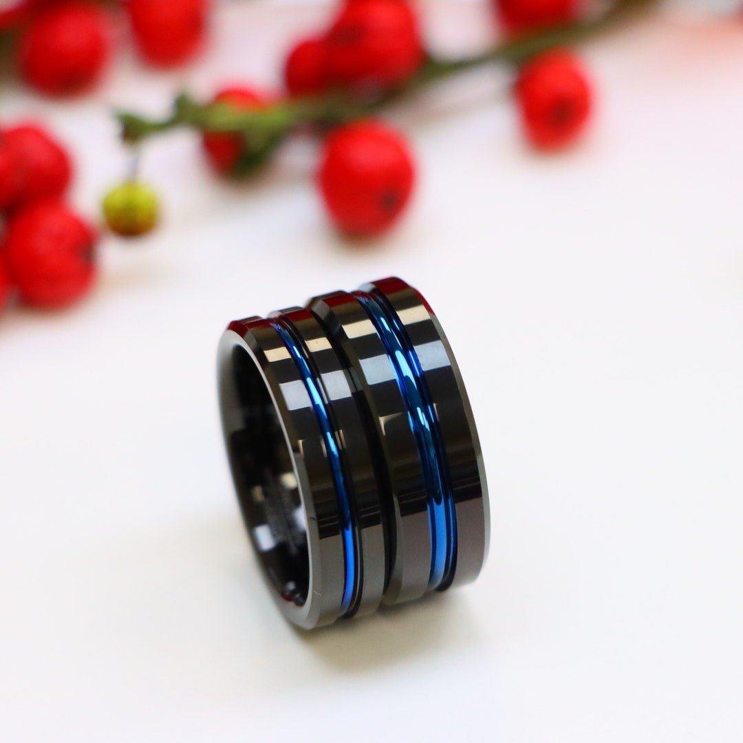 Black Tungsten Anniversary Rings, Couple Rings, Blue Grooved Brushed ...