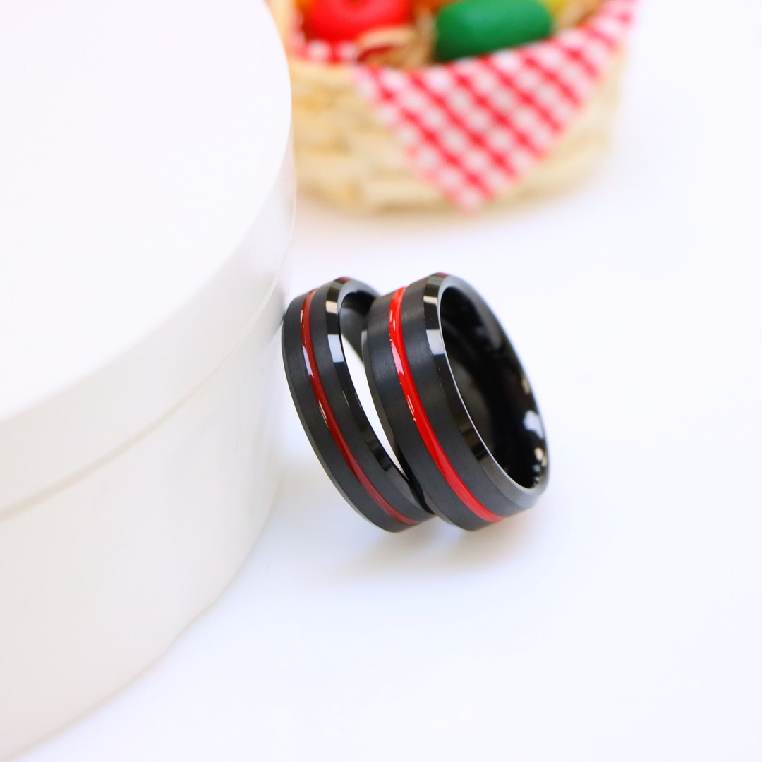 Engraved Firefighter Thin Red Line Ring | Men's Wedding Ring | Black ...