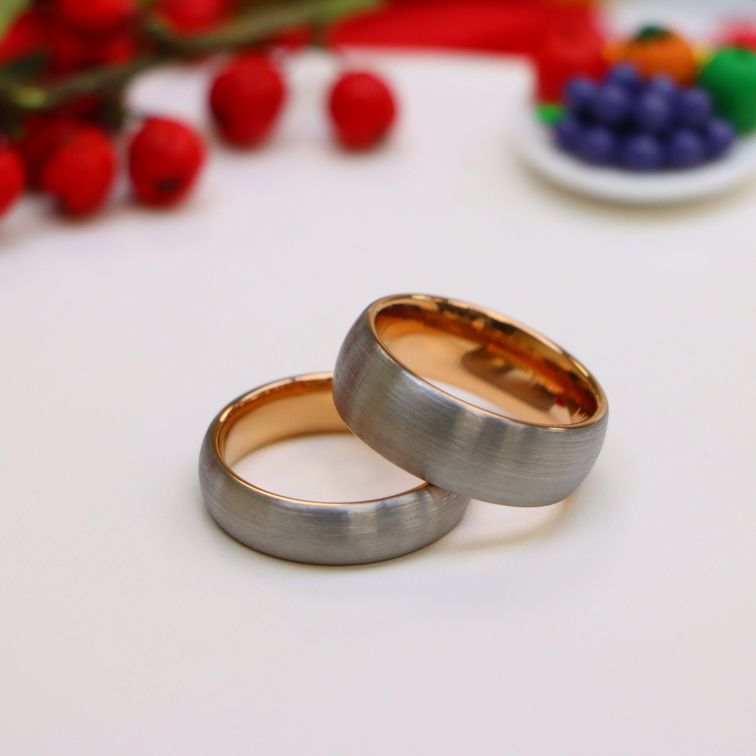 Rose Gold Tungsten Proposal Rings, Couple Shiny Brushed Bands, Silver ...