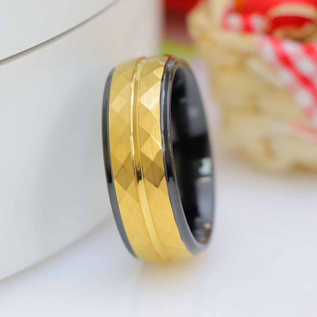 8mm Width Black Tungsten Wedding Ring, Gold Hammered Center Minimalist ...