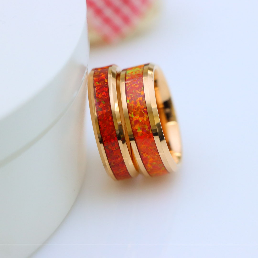 Red Fire Opal Inlay Rose Gold Wedding Band, Mens & Women's Ring, Couple ...