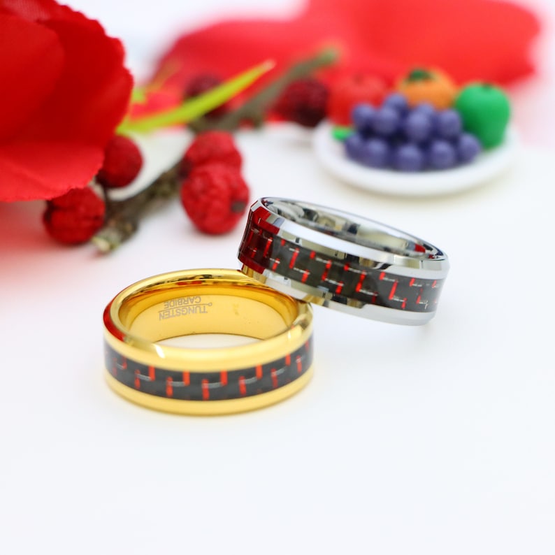 8mm Gold Tungsten Red Carbon Fiber Ring, Silver Tungsten Wedding Ring ...