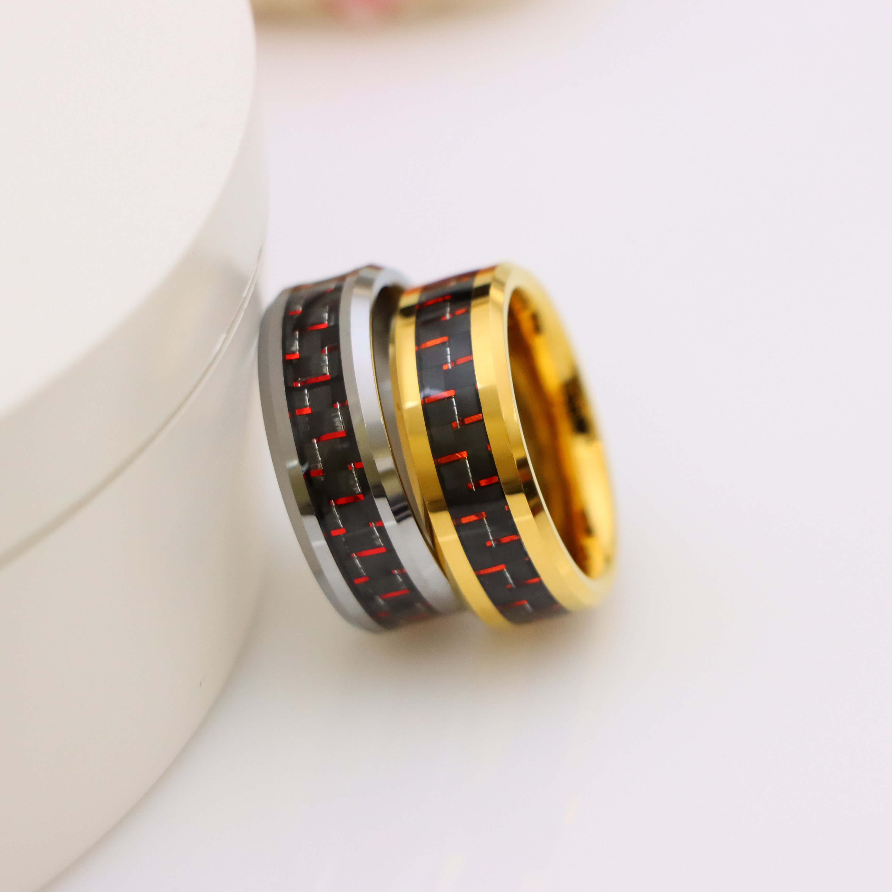 8mm Gold Tungsten Red Carbon Fiber Ring, Silver Tungsten Wedding Ring ...