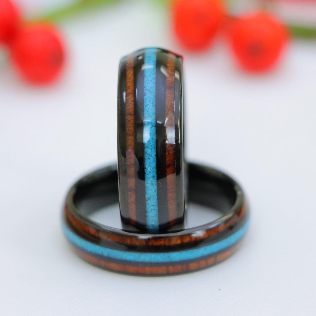 Engraved Couple Rings, Hawaiian Koa Wood Inlay Rings, Black Domed ...