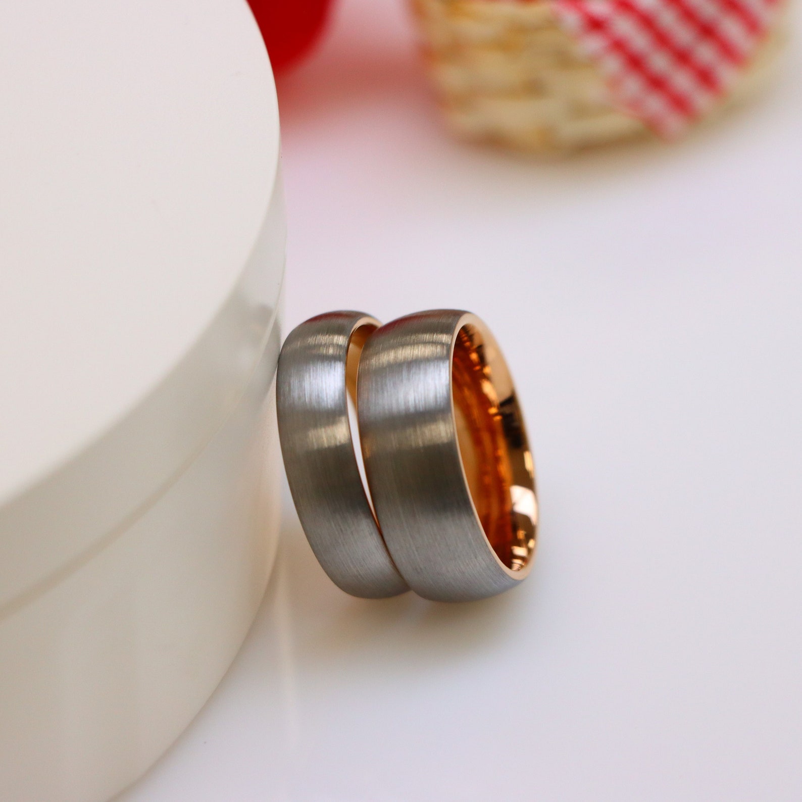 Rose Gold Tungsten Proposal Rings, Couple Shiny Brushed Bands, Silver ...