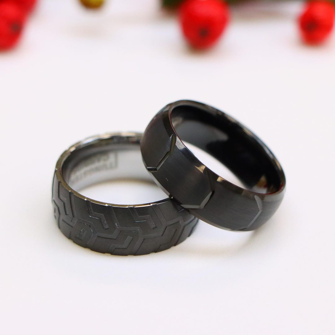 Black IP Plated Tire Thread Center Beveled Edge, 8mm Tungsten Ring ...
