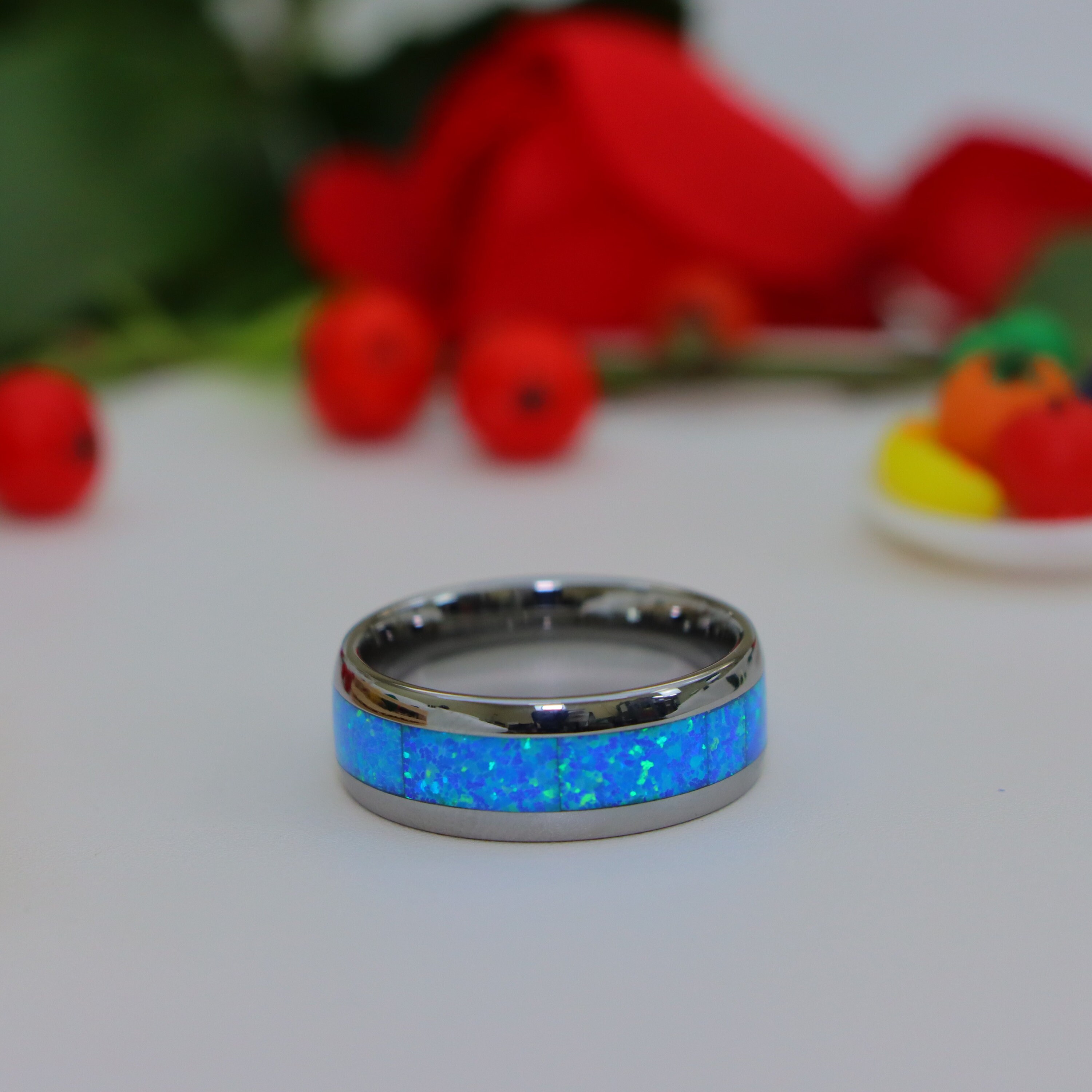 Blue Fire Opal Men Ring, Blue Tungsten Women Engagement Ring, Engraving ...