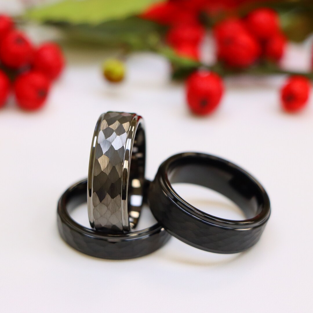 Silver Tungsten Proposal Band, Engraved Rings, Hammered Brushed Center ...