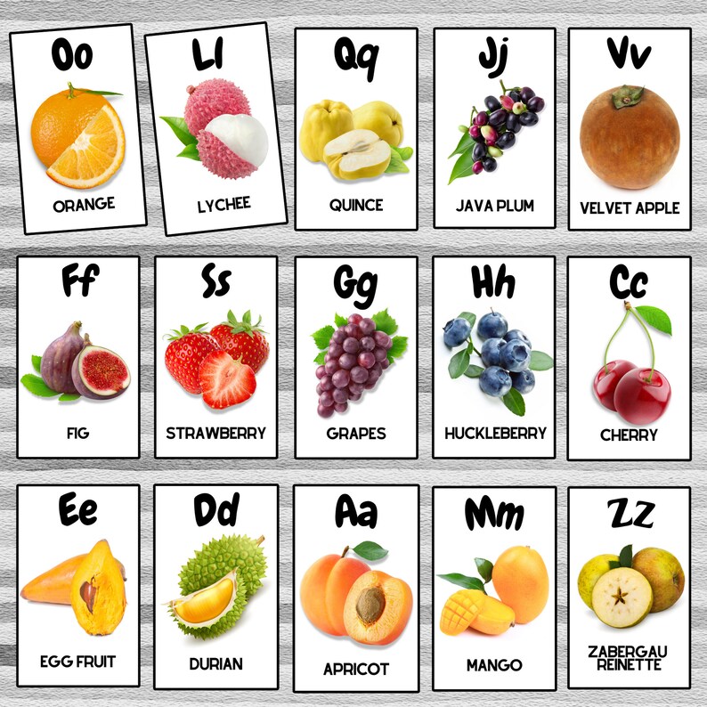 Abc Real Fruits Flash Cards, Montessori Flashcards for Toddlers, Fruits ...