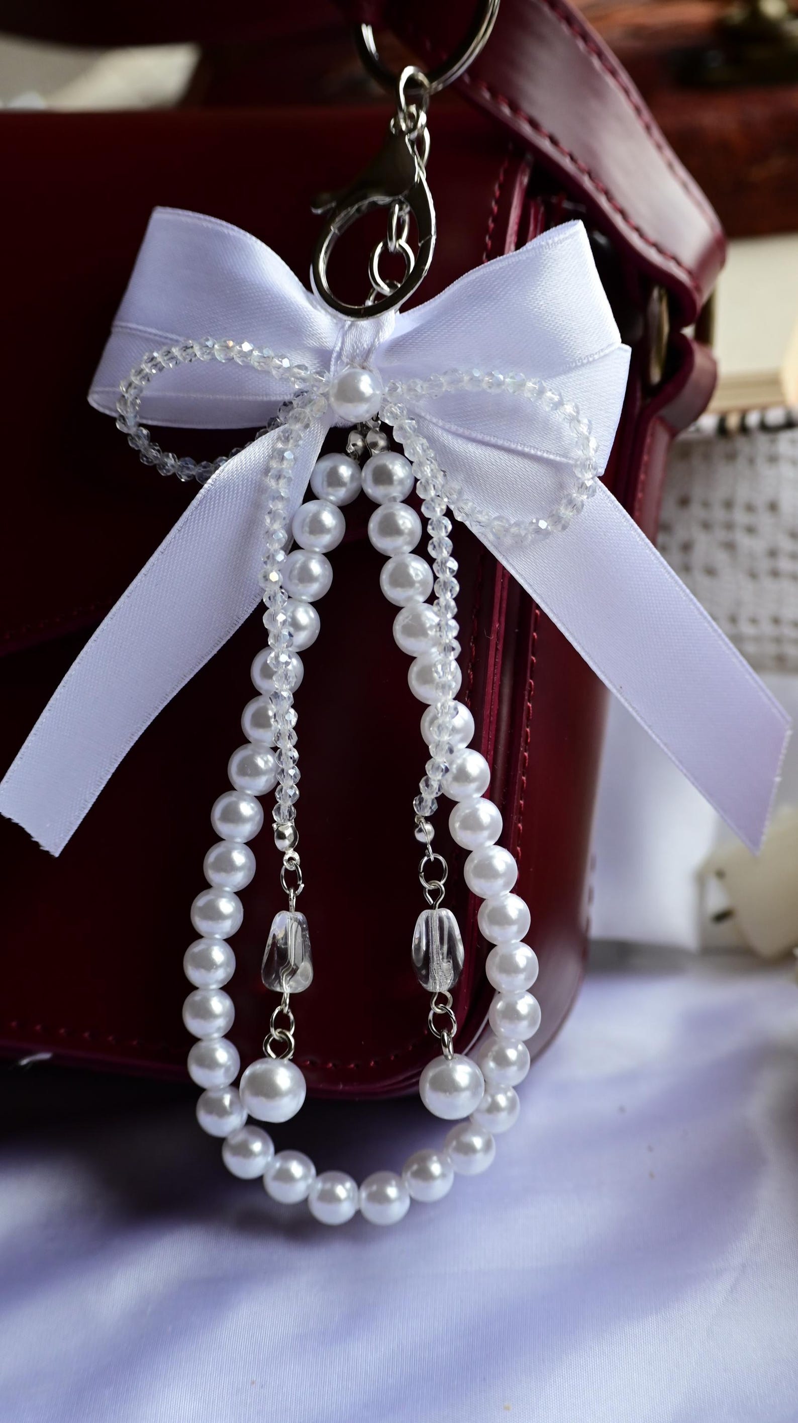 White Ribbon Keychain - Pearl Bow Bag Charm - Lace Keychain With Charms ...