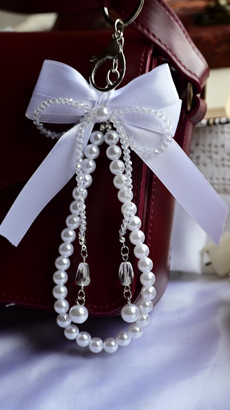 Initial Pearl Bow Bag Charm – White Ribbon Lace Bag Accessory ...