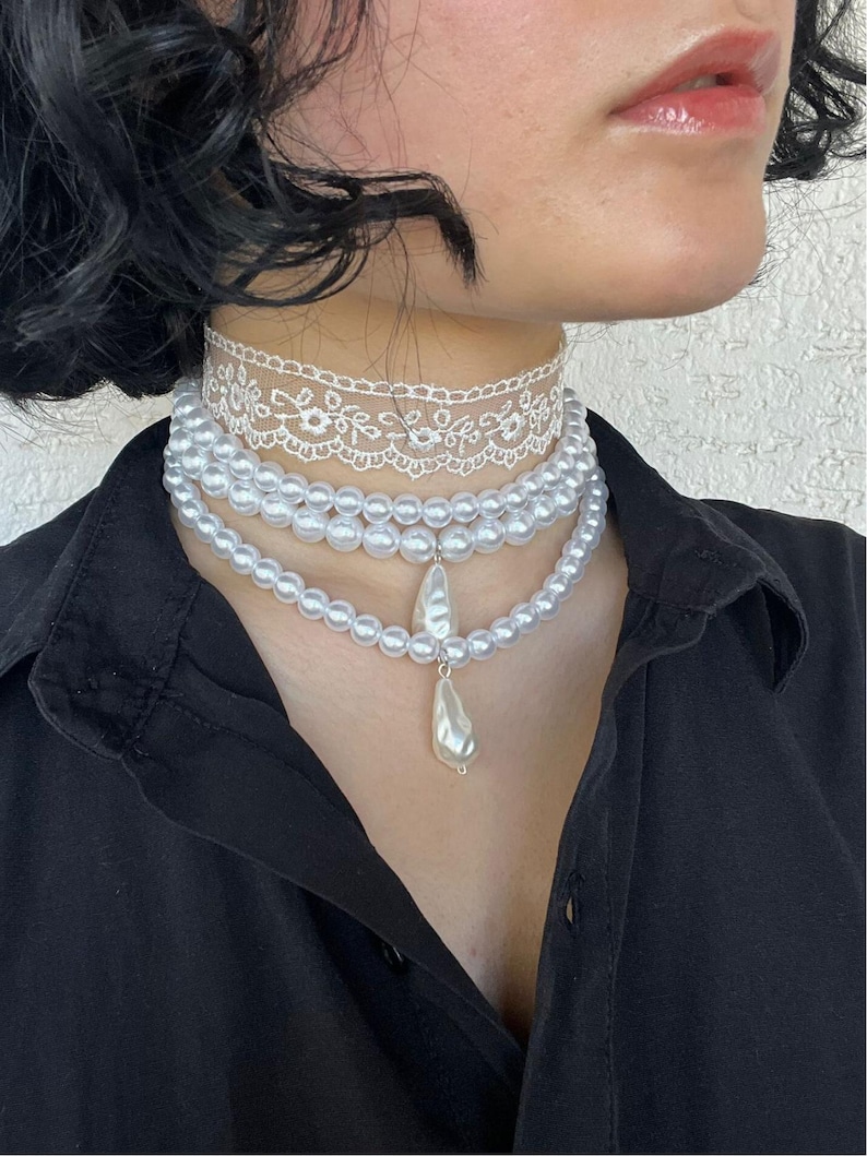 Multi Strand Pearl Choker,gothic Lace Choker,royal Pearl Choker,4-layer ...