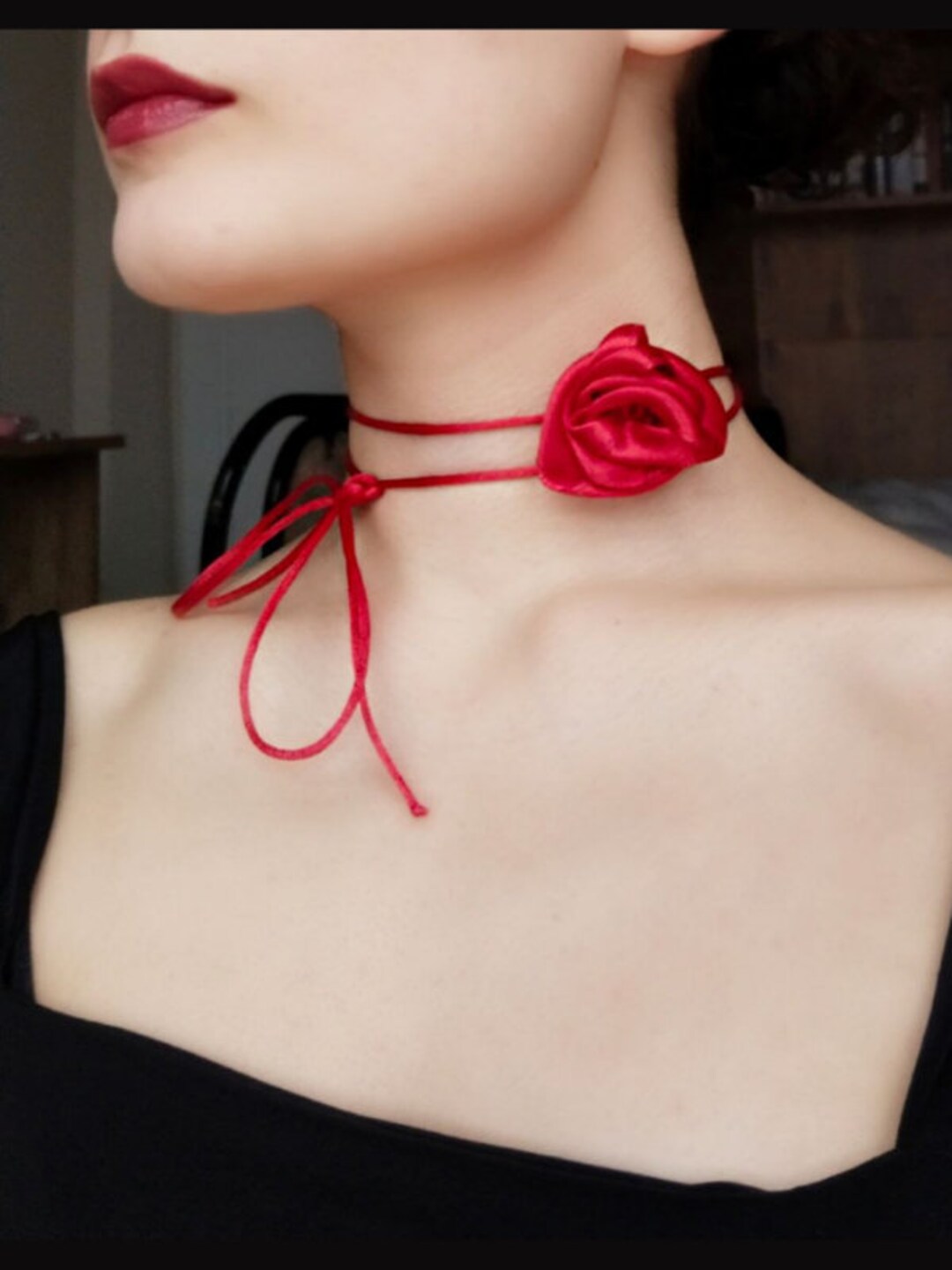 Rose Flower Choker Necklace , Red Satin Ribbon Rose Choker, Choker for ...