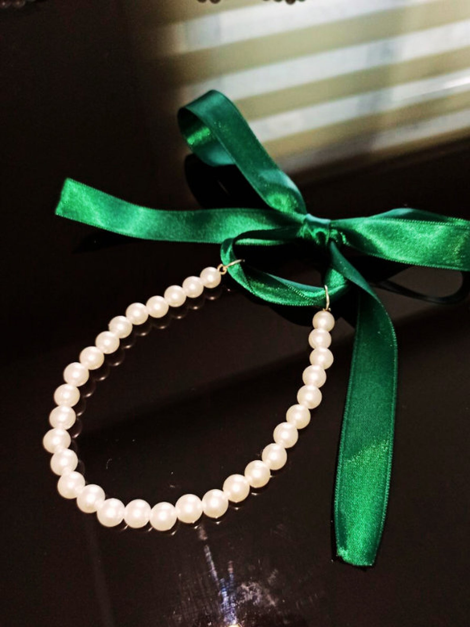 Green Ribbon Lace Pearl Necklace,pearl Ribbon Necklace, Pearl Necklace ...
