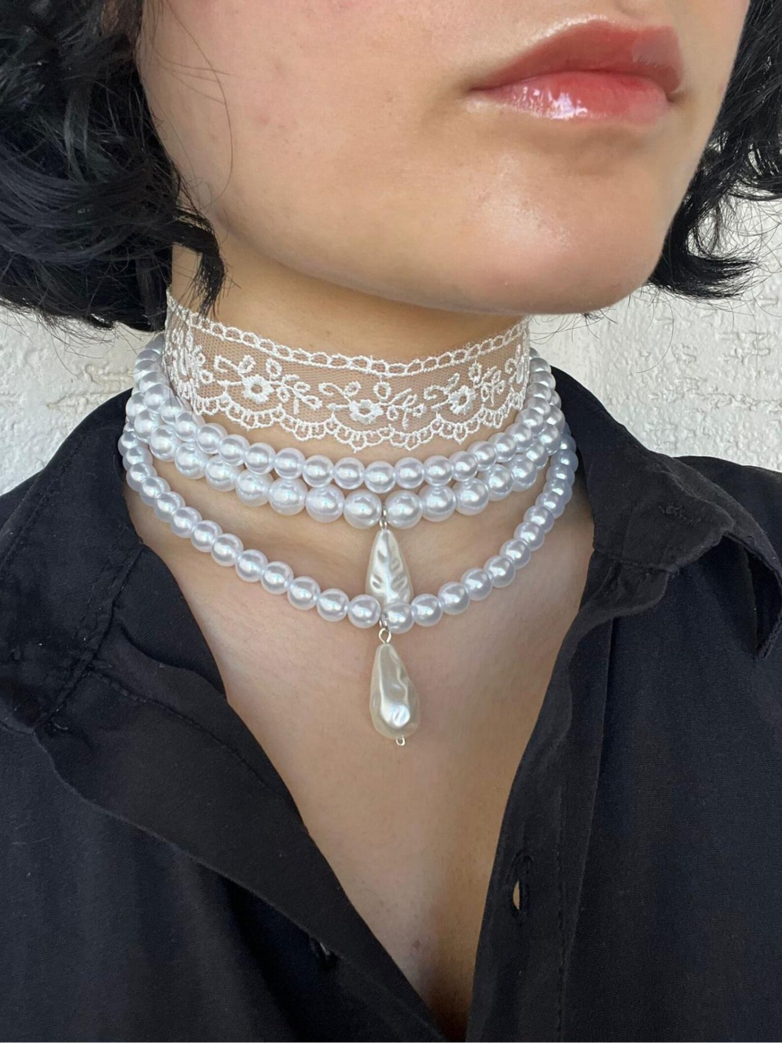 Multi Strand Pearl Choker,gothic Lace Choker,royal Pearl Choker,4-layer ...