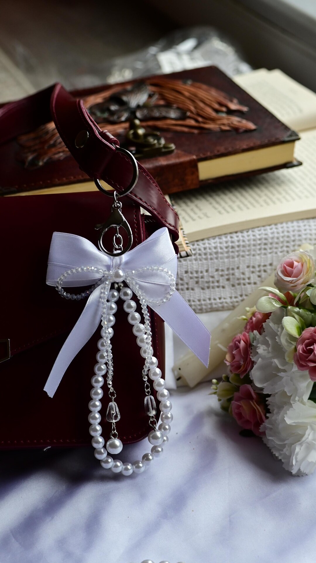 Initial Pearl Bow Bag Charm – White Ribbon Lace Bag Accessory ...