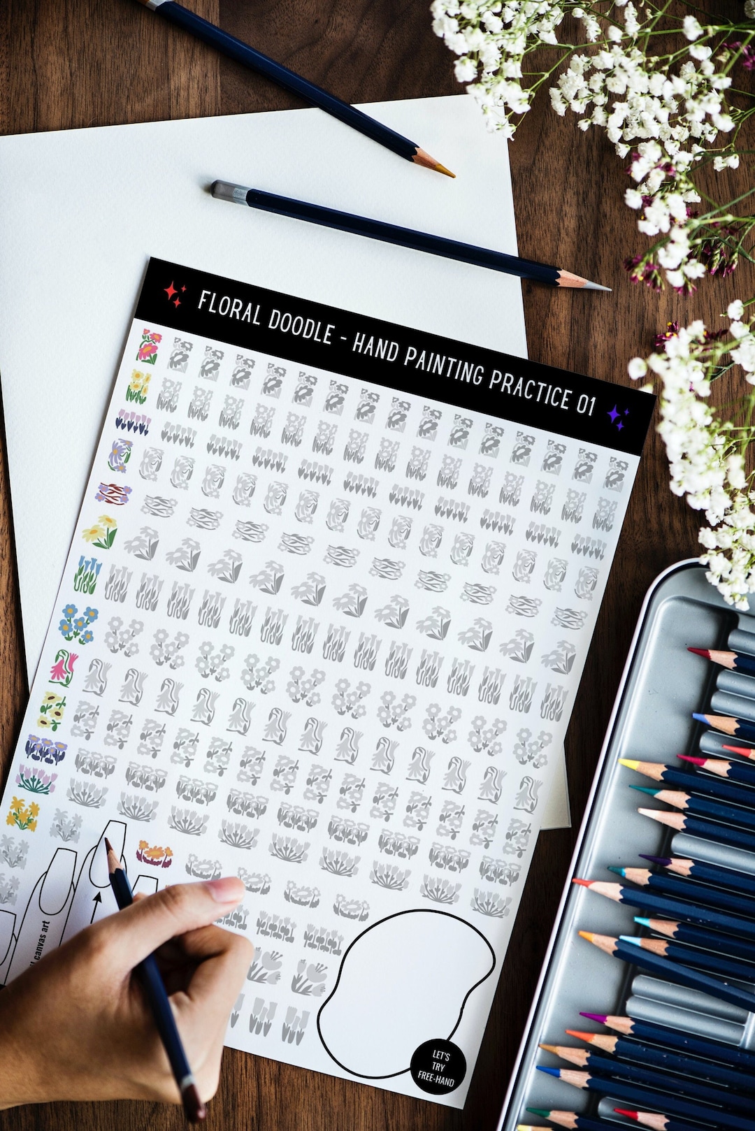 Floral Doodle Hand Painting Nail Art Practice Sheet 01, Nail Art Design ...