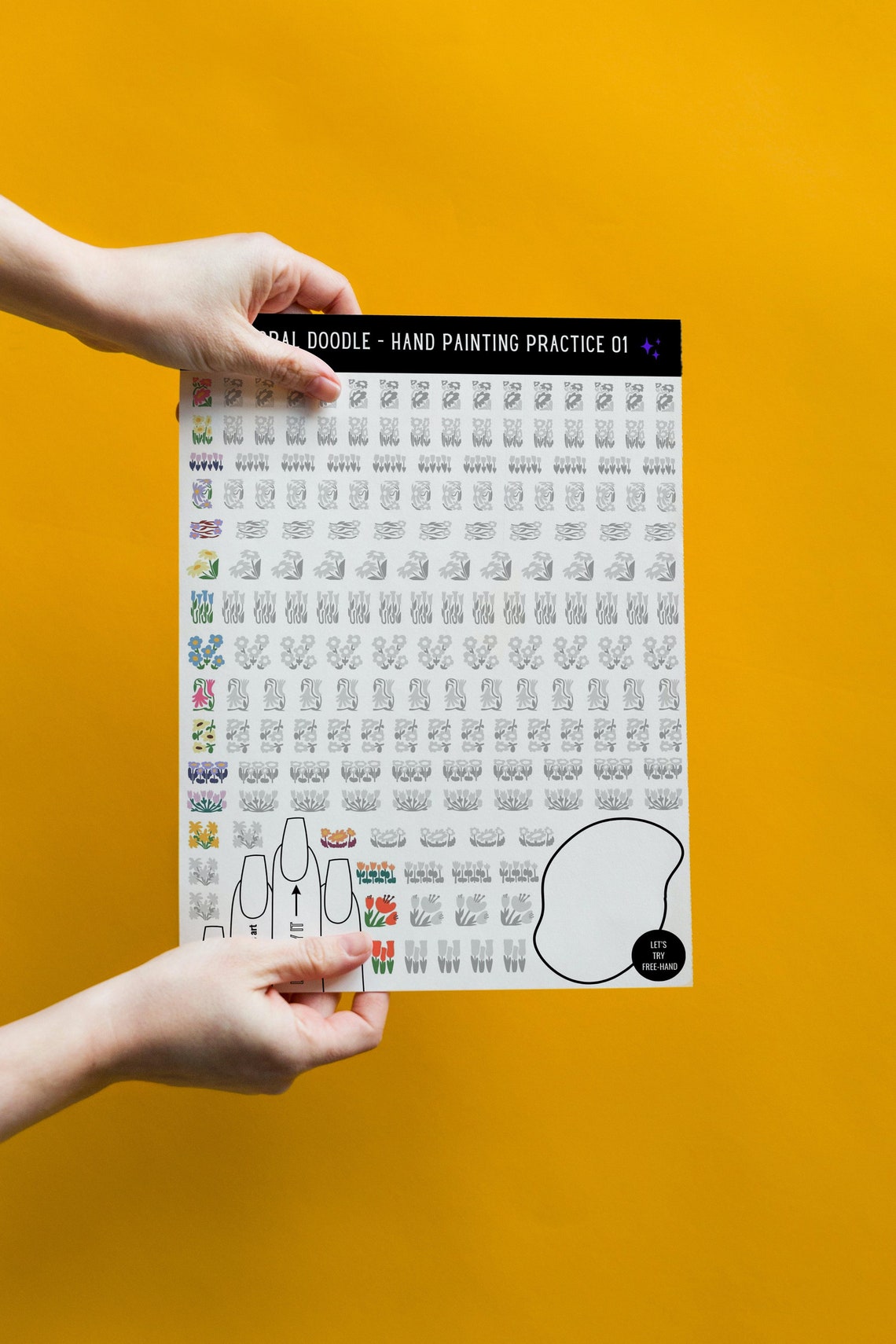 Floral Doodle Hand Painting Nail Art Practice Sheet 01, Nail Art Design ...