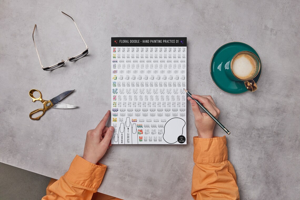 Floral Doodle Hand Painting Nail Art Practice Sheet 01, Nail Art Design ...