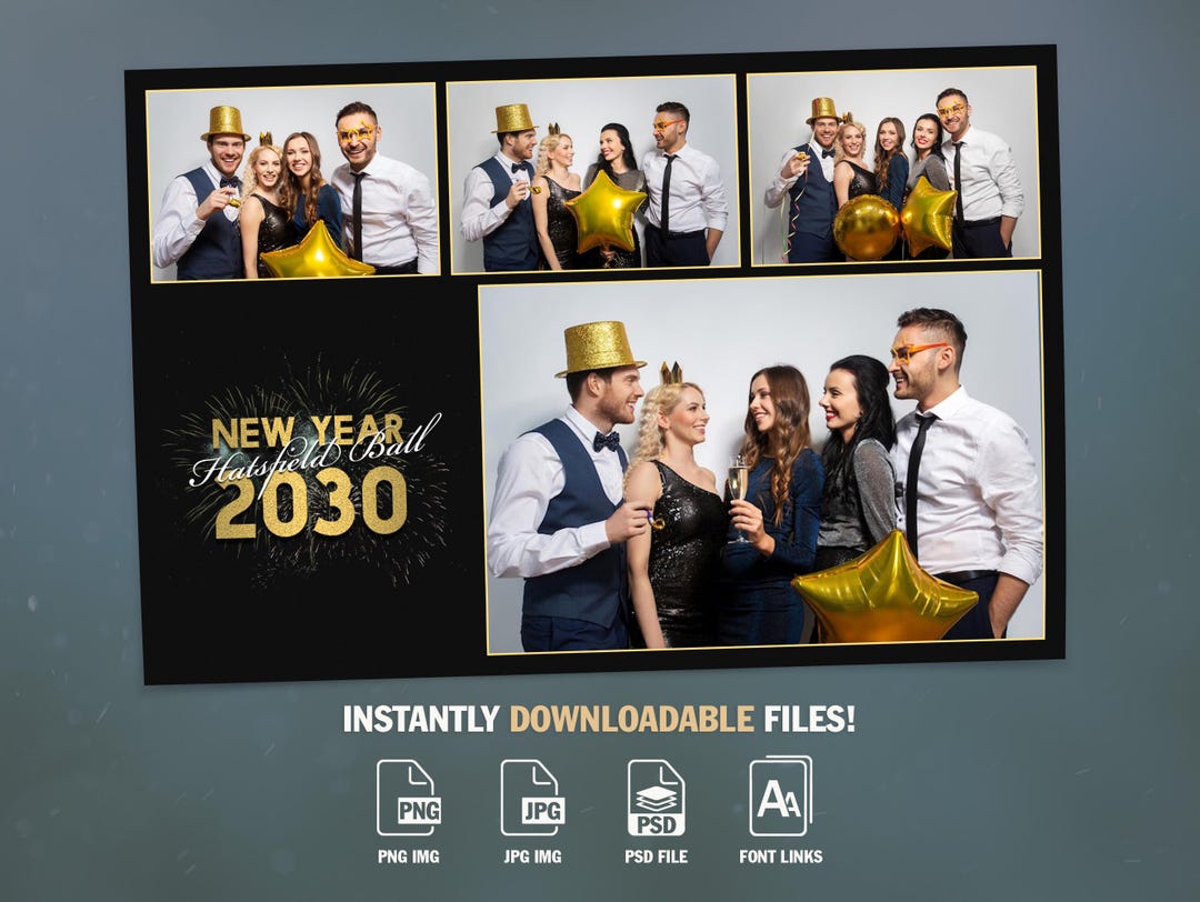 New Year's Eve Photo Booth Template, NYE Fireworks, Gold Sparkle Font ...