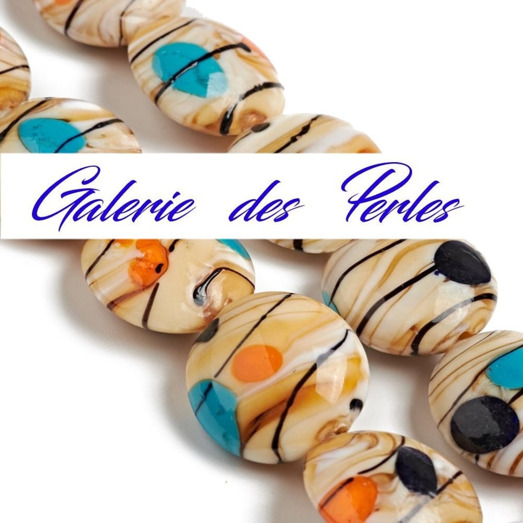 MURANO Glass Beads ITALY 20mm Painted Patterns Set Flat Round Beads ...