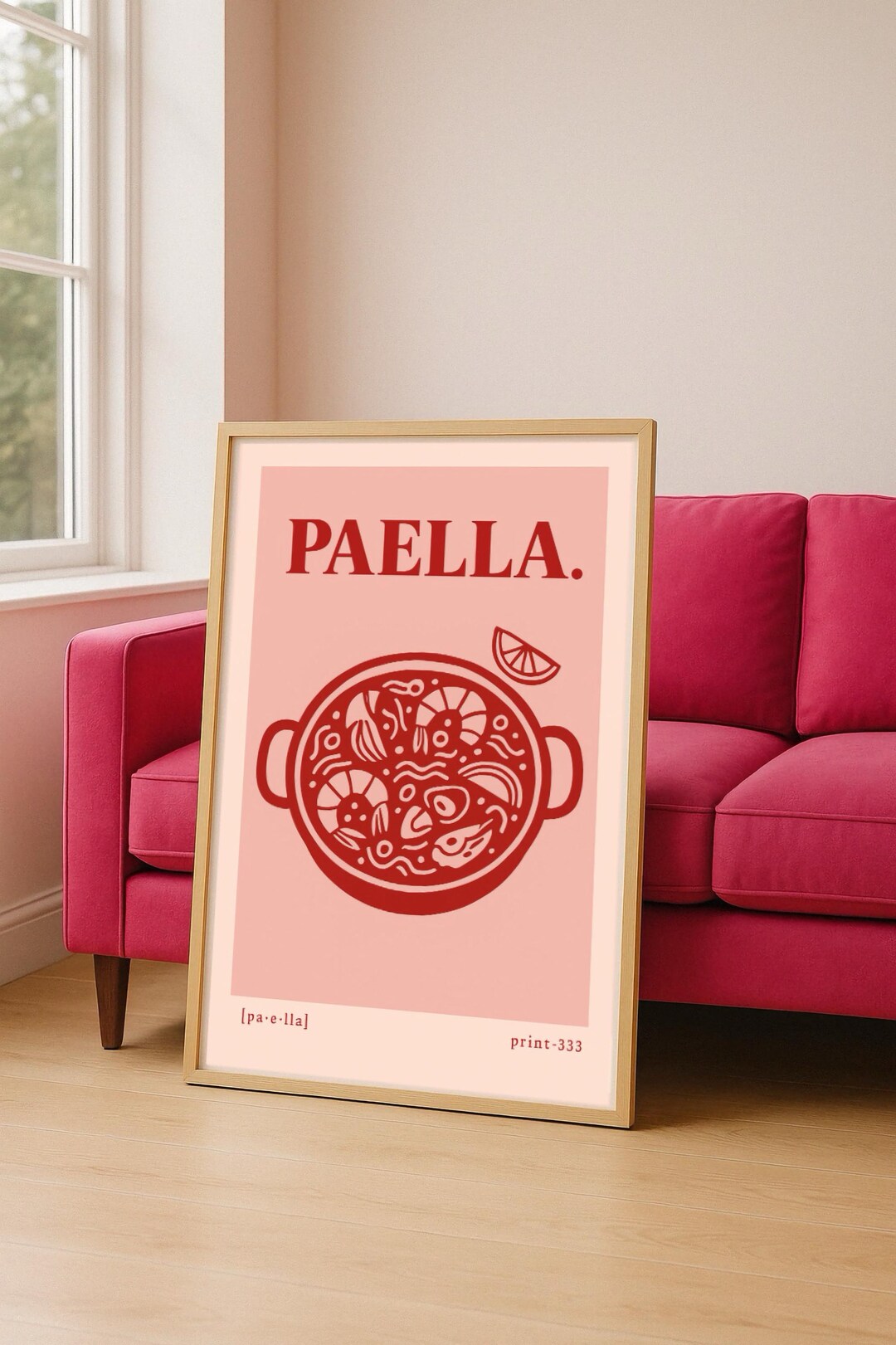 Paella Poster – Retro Spanish Food Print in Pink & Red, Kitchen Wall ...