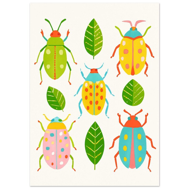 Colorful Beetles Art Print – Whimsical Insect Wall Art for Kids Room or ...