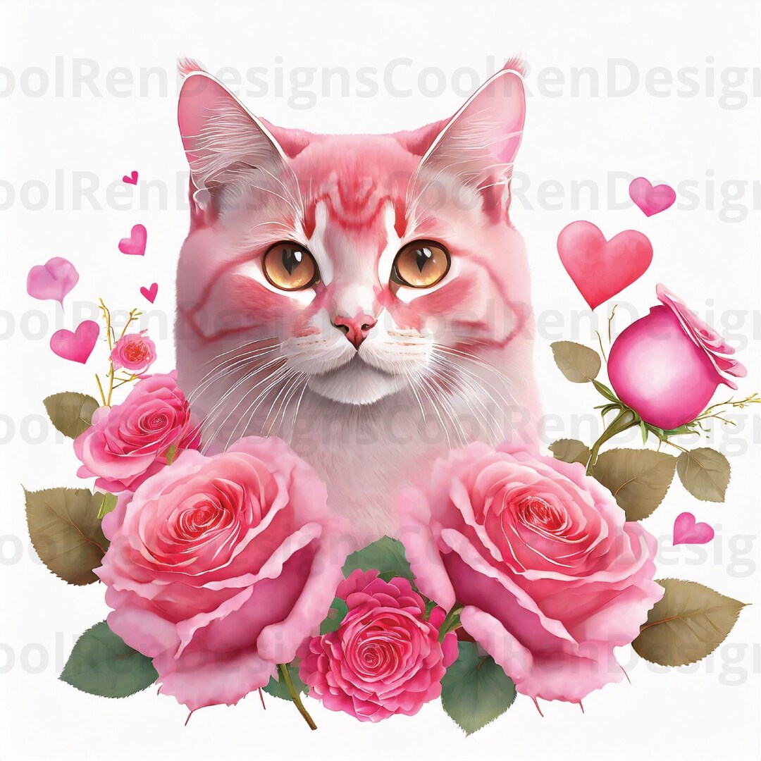 Valentine Cat Clipart JPG Valentines Day Cute Pink Cat Roses Heart ...