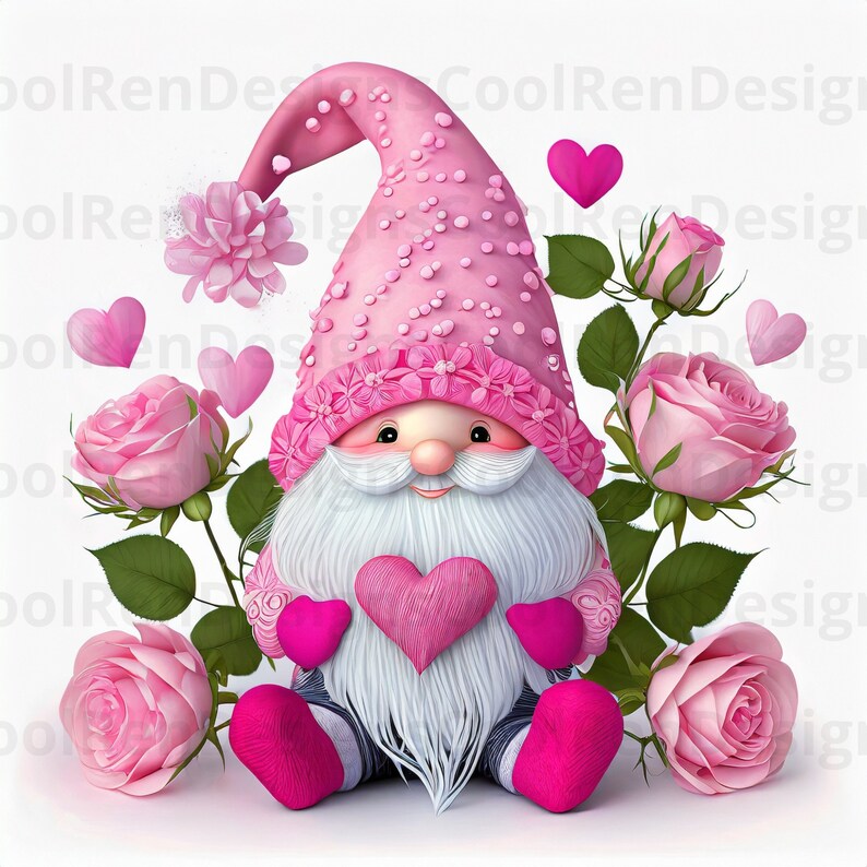 Valentine Gnome Clipart PNG Valentines Day Cute Pink Gnome Roses Heart ...
