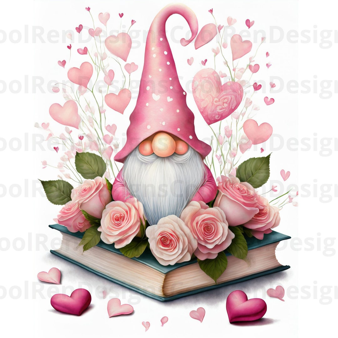 Valentine Gnome Clipart PNG Valentines Day Cute Pink Gnome Roses Heart ...