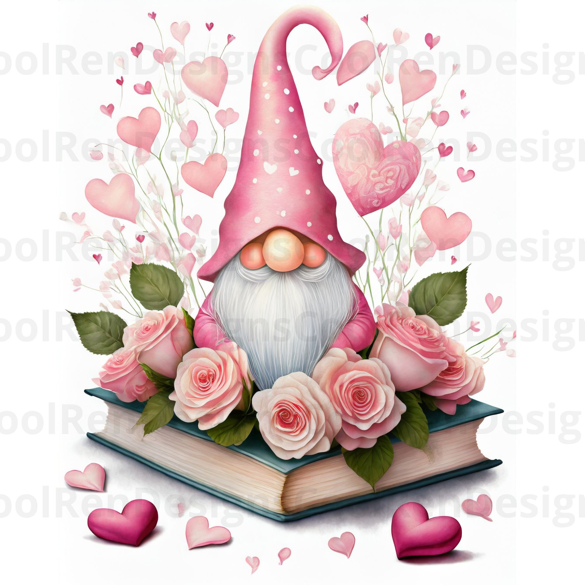 Valentine Gnome Clipart PNG Valentines Day Cute Pink Gnome Roses Heart ...