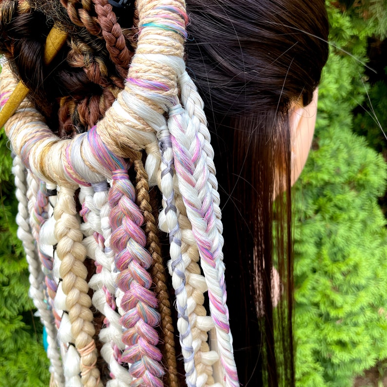 Colorful and White Braids dreads Ring in Bohemian Style With Textured Braids Synthetic Dreadlock ...