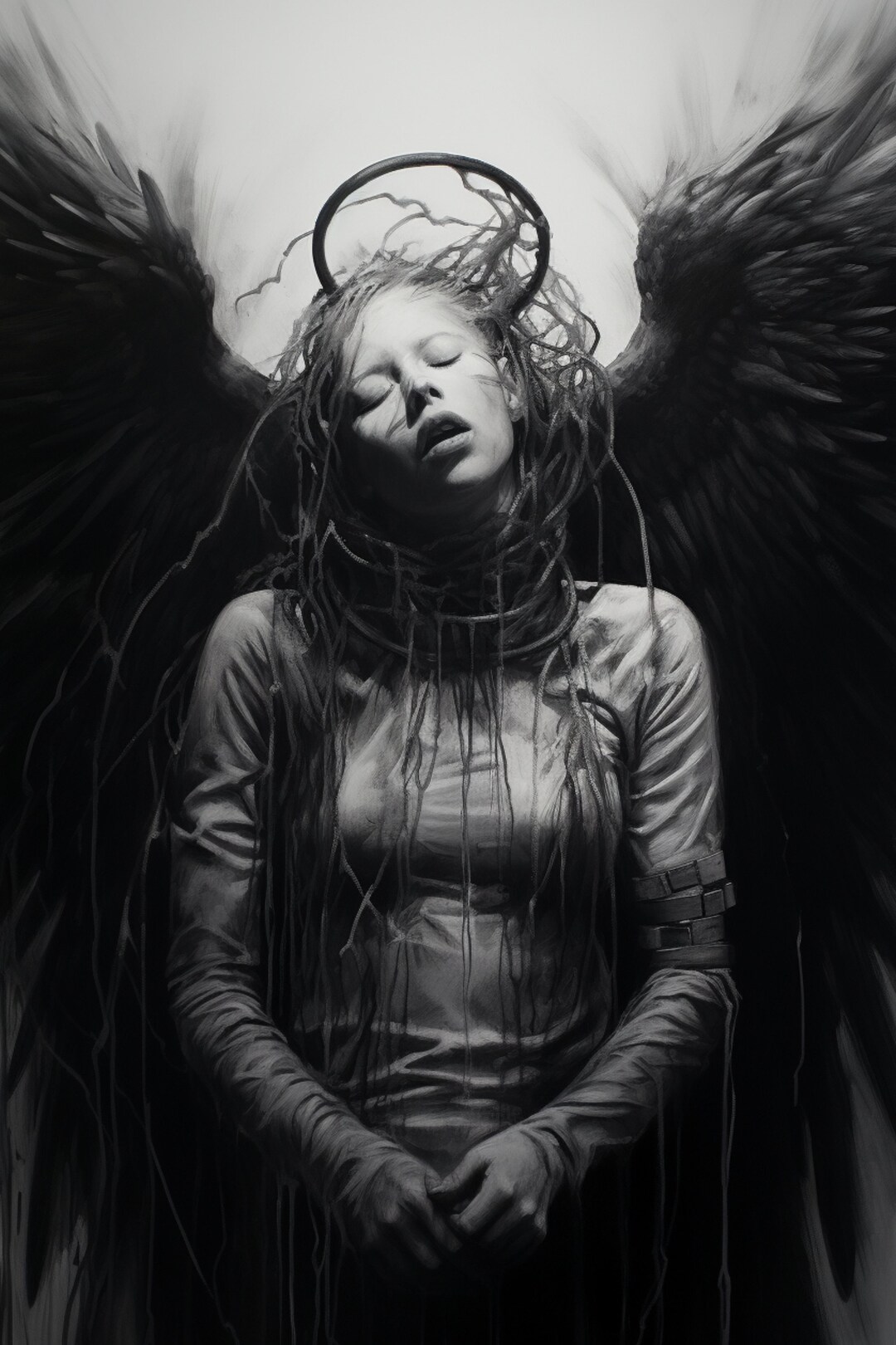 Sorrowful Seraphim - Charcoal Black and White Angel in Distress - Etsy