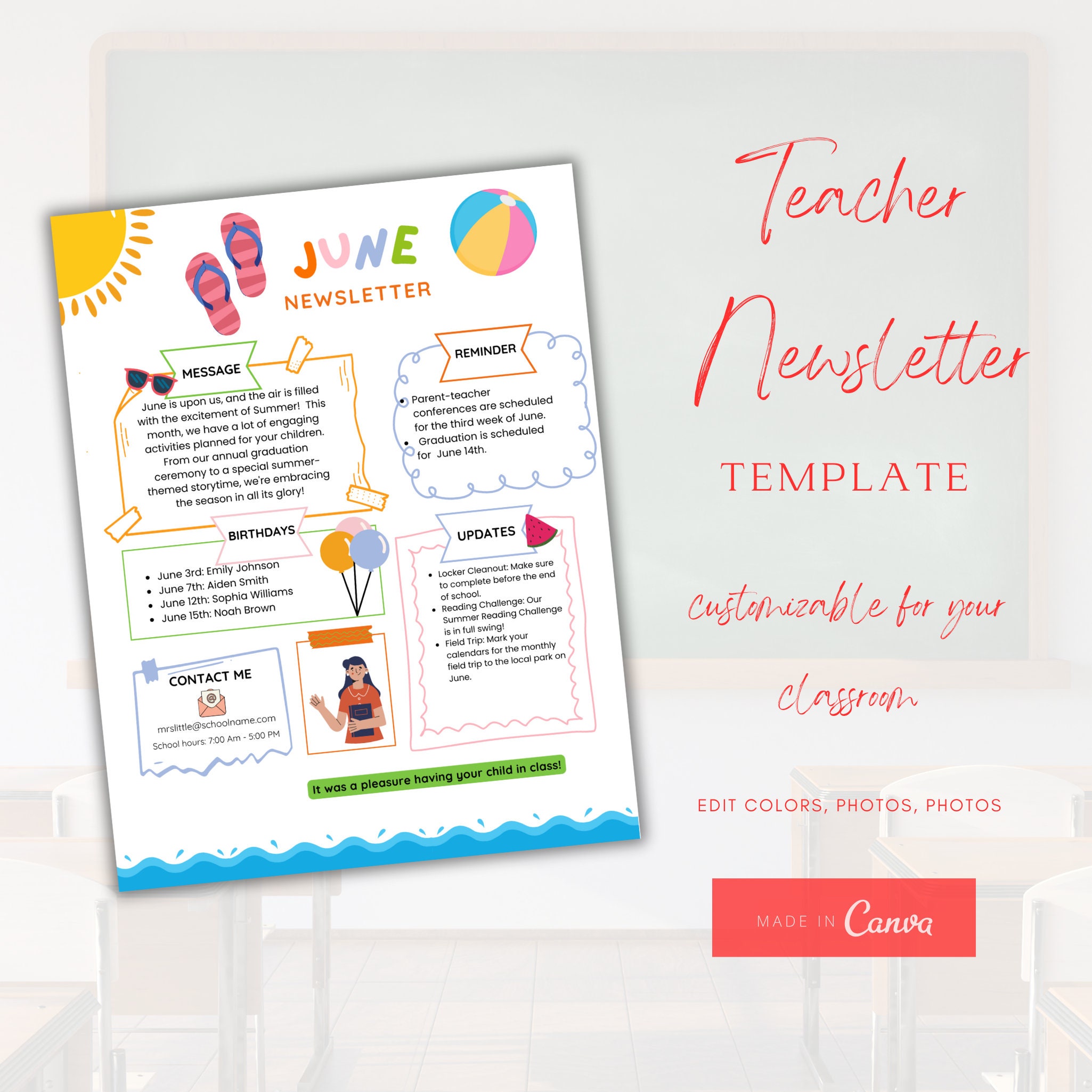Newsletter Template, Editable Newsletter, Monthly Newsletter, School ...