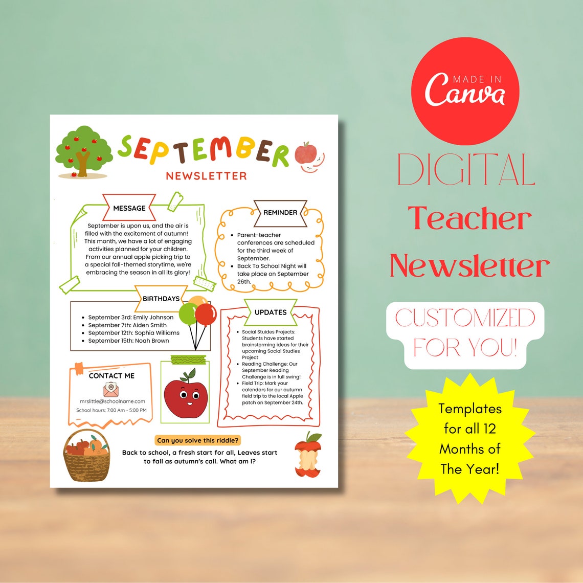 Newsletter Template, Editable Newsletter, Monthly Newsletter, School ...