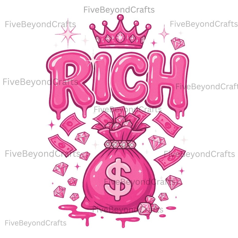 Rich Drippy Pink Money Bag PNG, Bling Crown Dollar Sign Graphic, Cute ...
