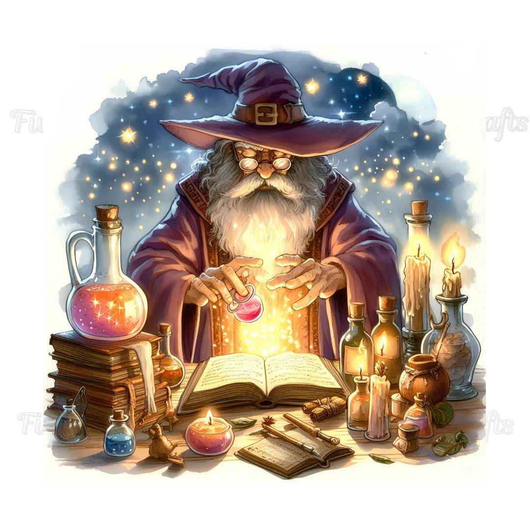 Wizard Crafting a Glowing Potion PNG Bundle, Clipart, Watercolor Witch ...