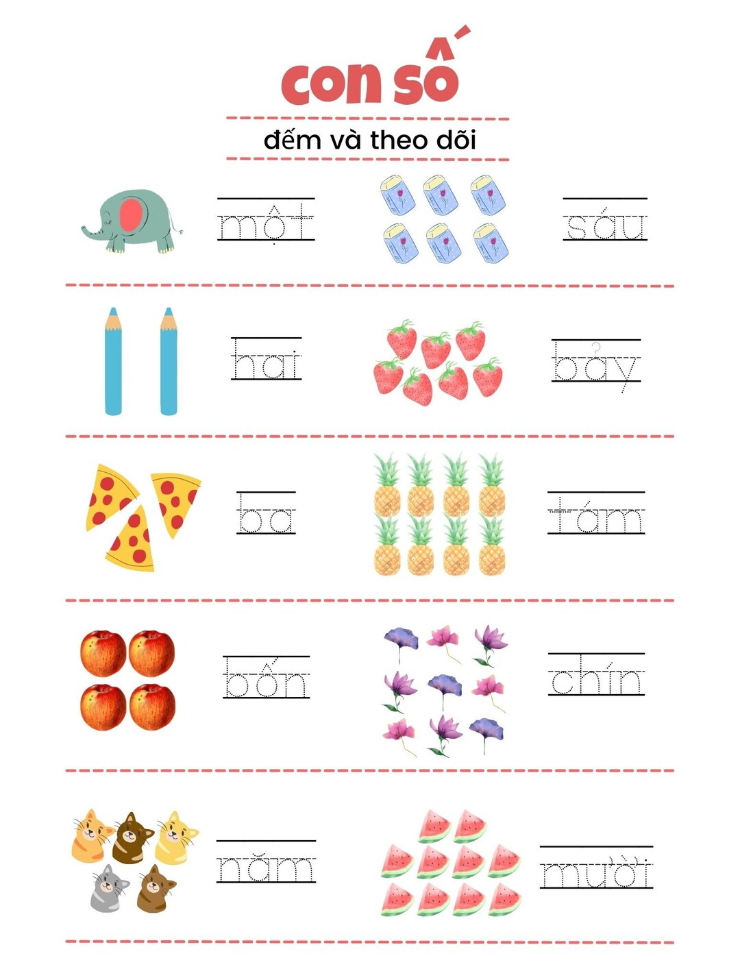 Vietnamese Number Tracing Worksheets - Etsy