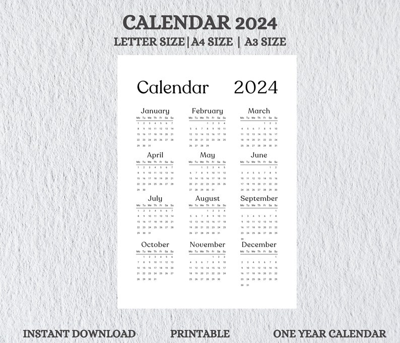 Simple Calendar 2024, Portrait Calendar Printable, 2024 Black and White ...