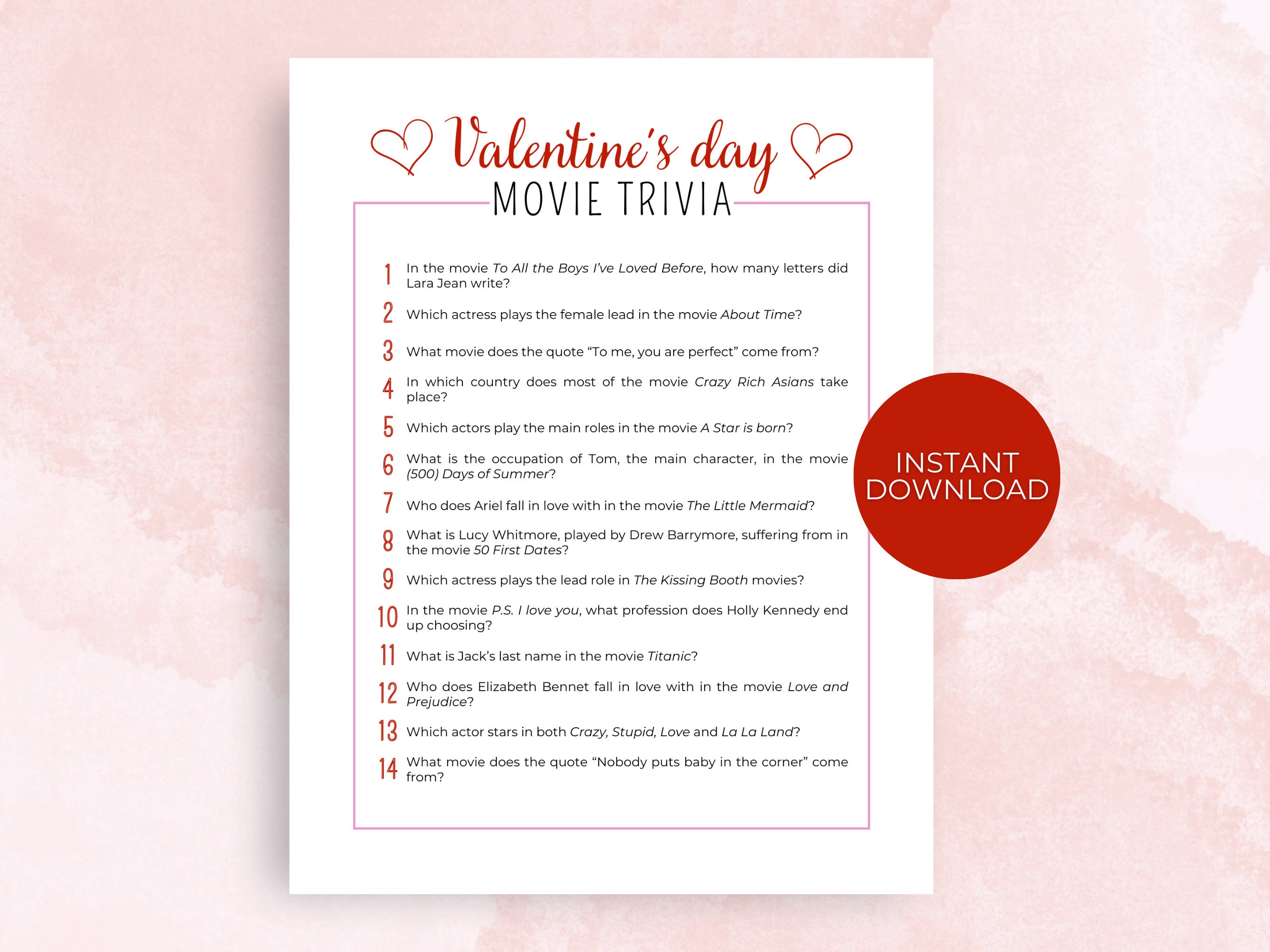 Valentine's Day Movie Trivia Game, Printable Valentine's Day Game, Fun ...