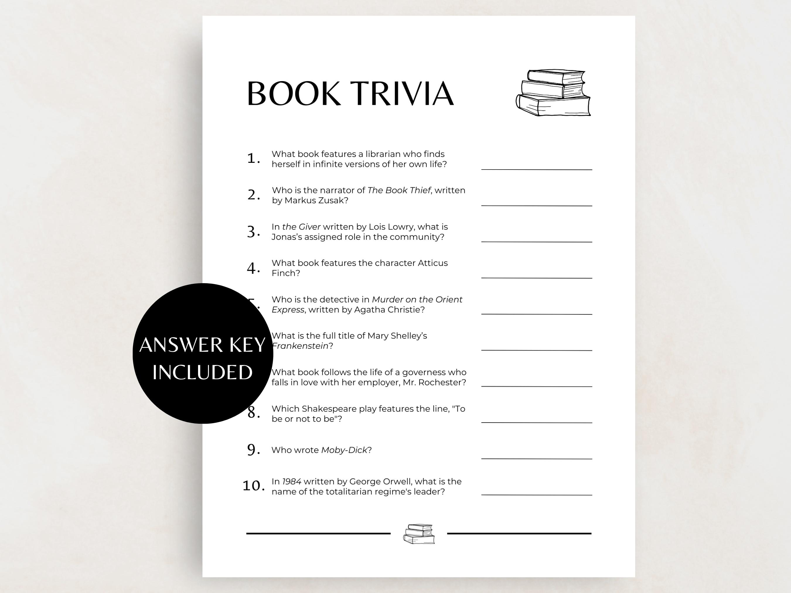 Book Trivia Game, Printable Book Club Game, Book Quiz Game, Fun Game ...
