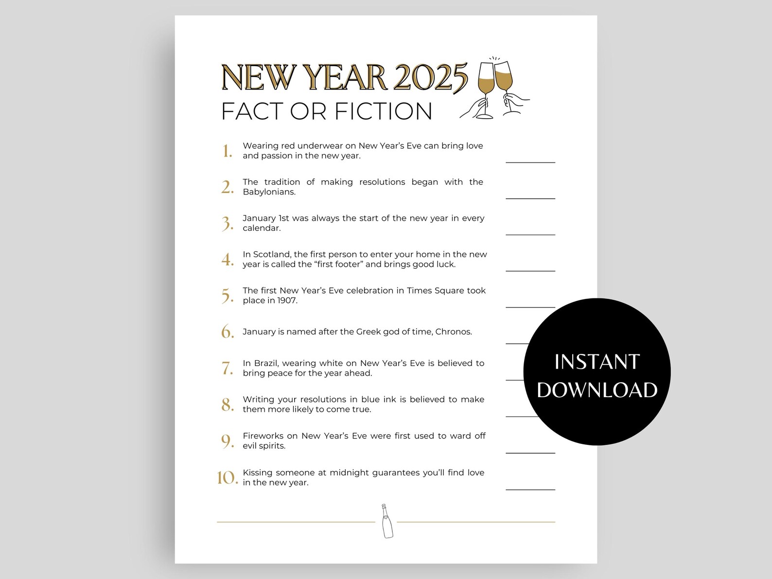 New Year Fact or Fiction Game, Printable New Year Trivia Game, Fun New ...