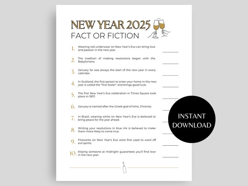 New Year Fact or Fiction Game, Printable New Year Trivia Game, Fun New ...