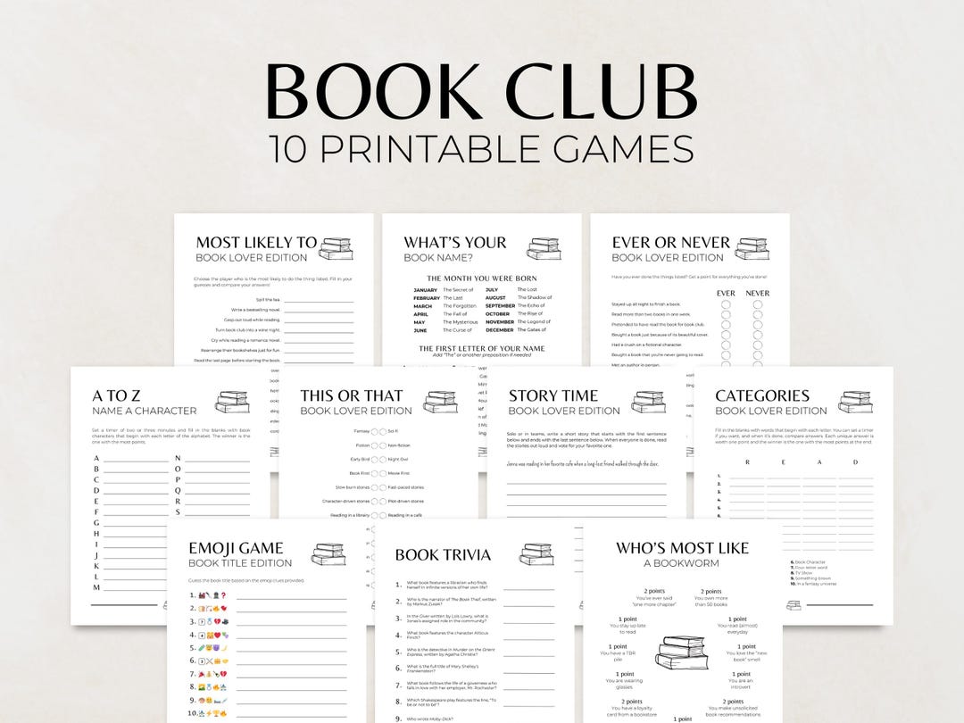Book Club Games, 10 Printable Book Club Activities, Fun Games for Book ...