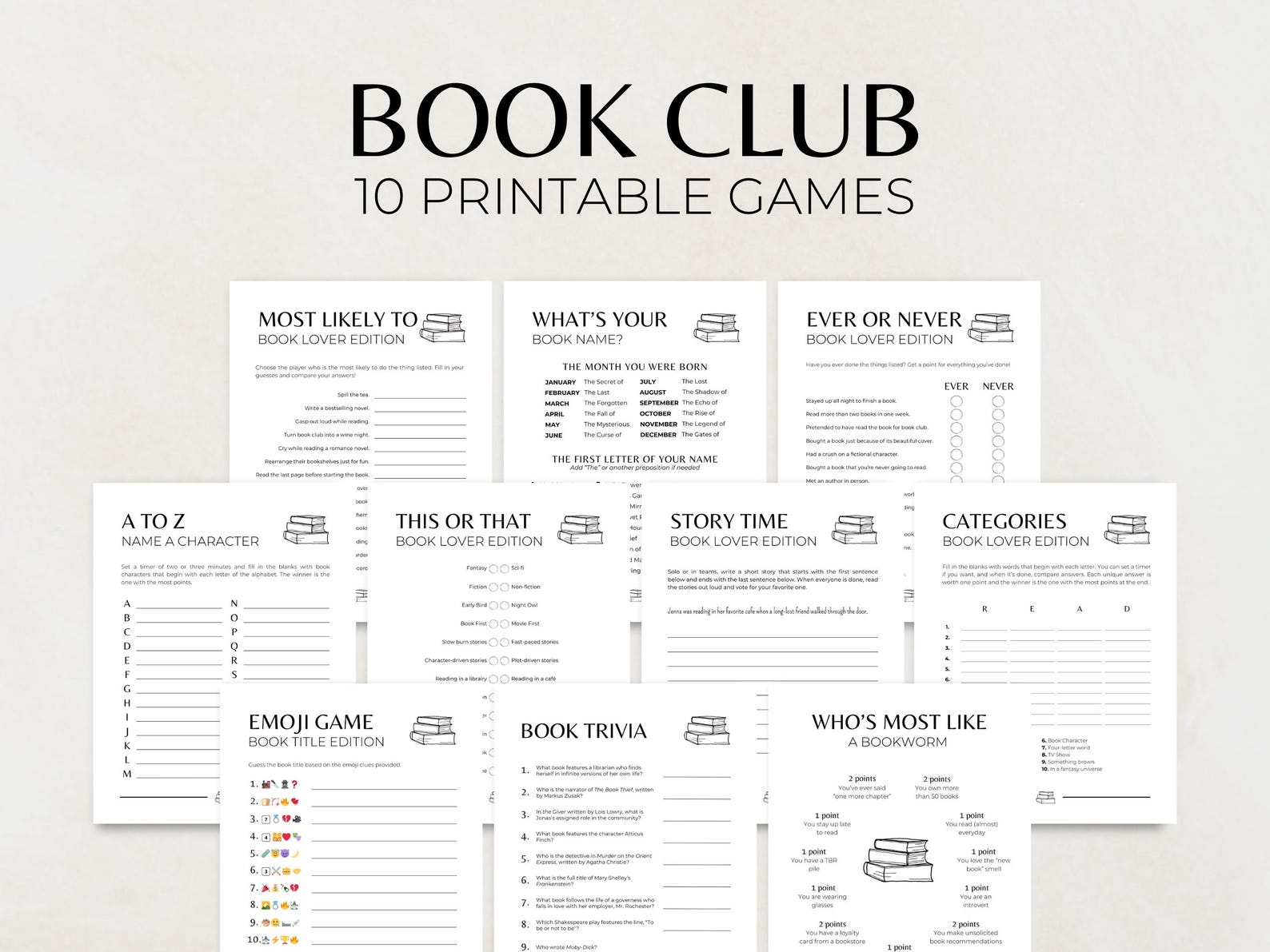 Book Club Games, 10 Printable Book Club Activities, Fun Games for Book ...
