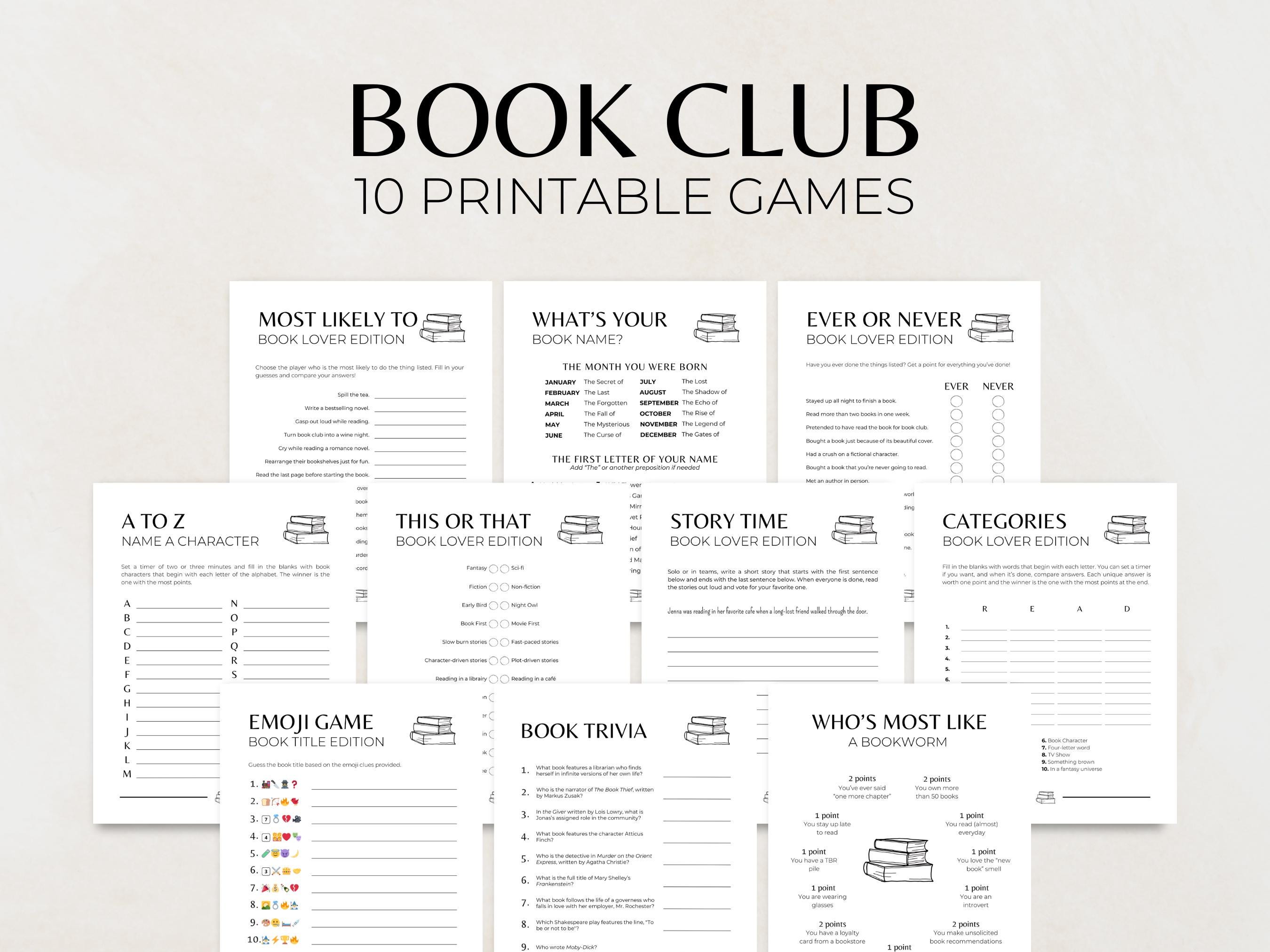 Book Club Games, 10 Printable Book Club Activities, Fun Games for Book ...
