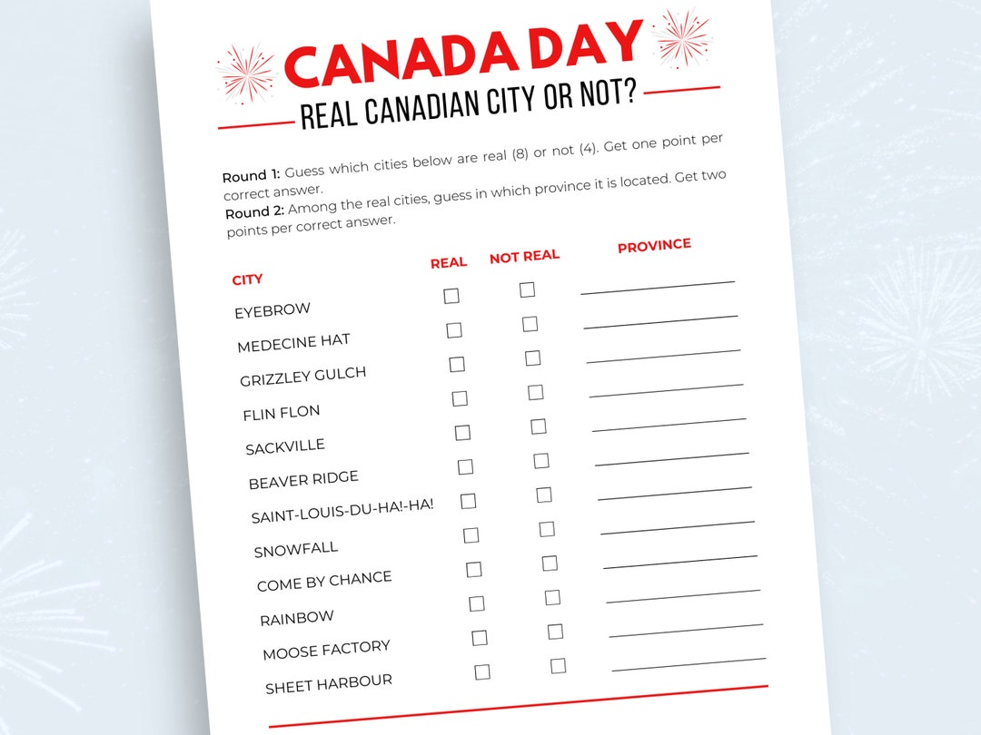Canada Day Quiz Game: is It a Real Canadian City or Not?, Printable ...